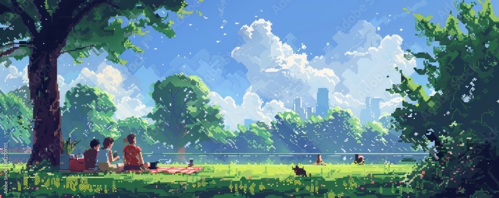 A pixel art depiction of a pixelated group of friends having a picnic ...