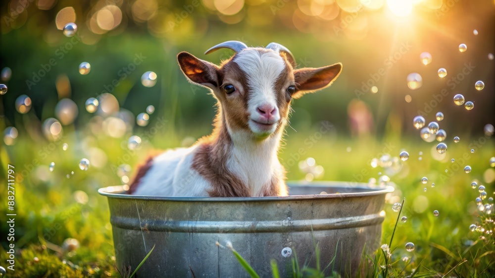 Adorable little white and brown baby goat stands in a small metal tub ...