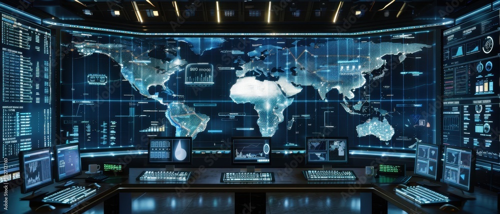 Futuristic control room with digital world map and data screens, showcasing high-tech cyber ...
