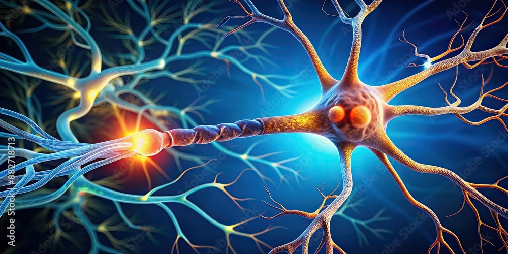Motor neuron connecting to muscle fiber, , neurology, anatomy, biology ...