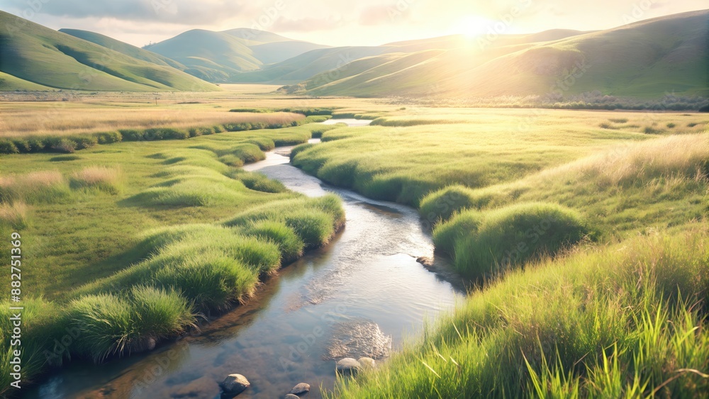 Green Grass Breath taking Stream Landscape Background Featuring Pasture ...