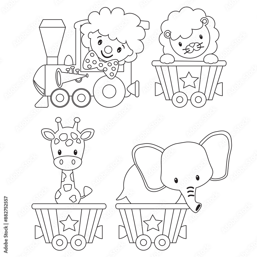 Cute retro circus train coloring page vector cartoon illustration Stock ...