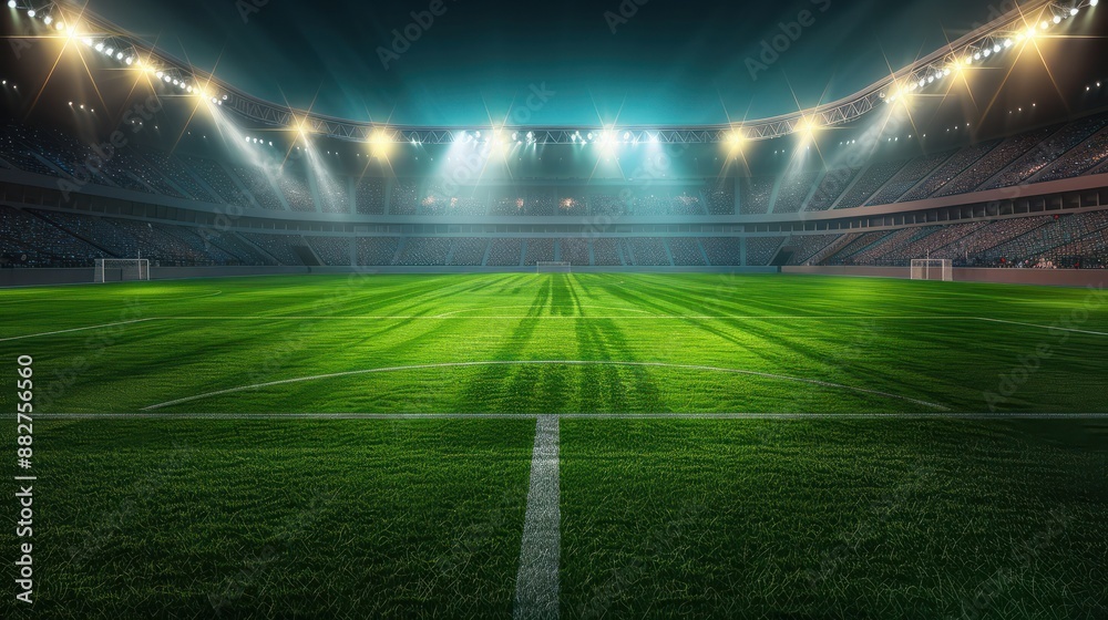 Grand football stadium green pitch view illuminated by spotlights and ...