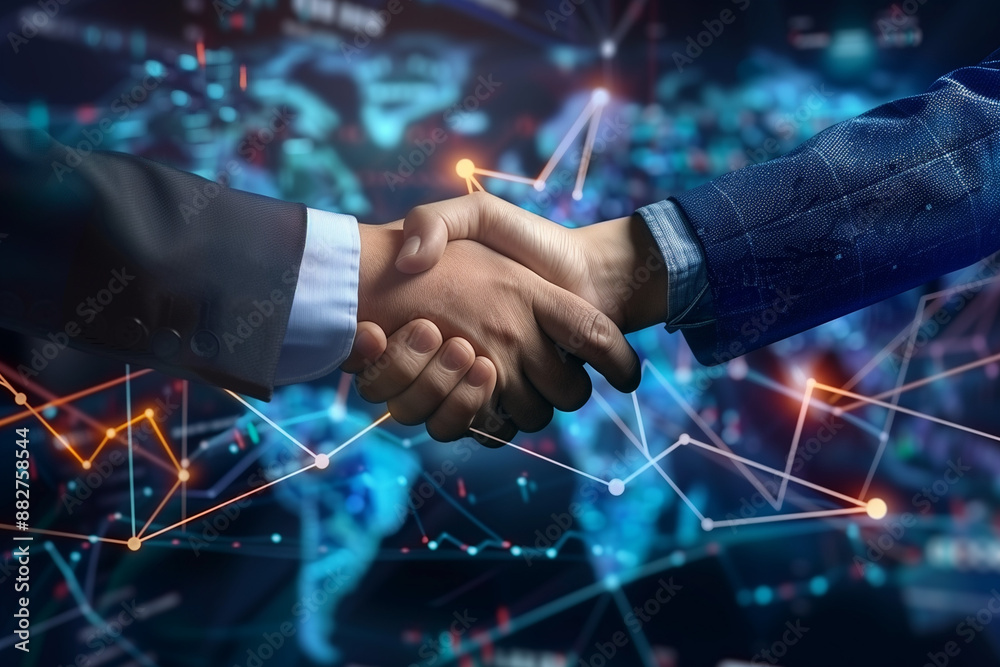 business man shaking hands with effect global network link connection ...