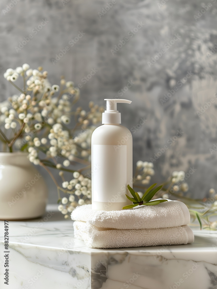 Cream, creme, shampoo with white label in minimalist bathroom design ...