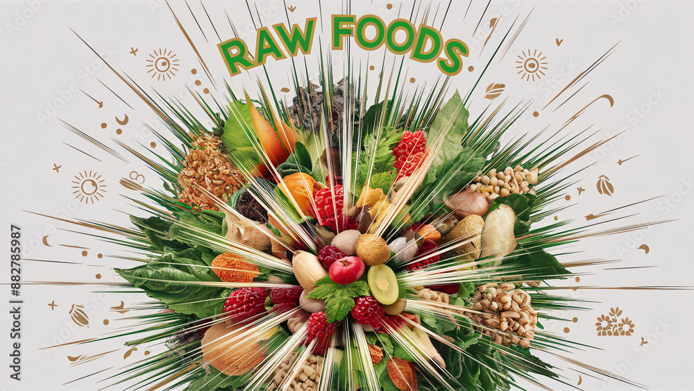 Explosive burst of raw fruits, vegetables, nuts, and seeds radiating ...