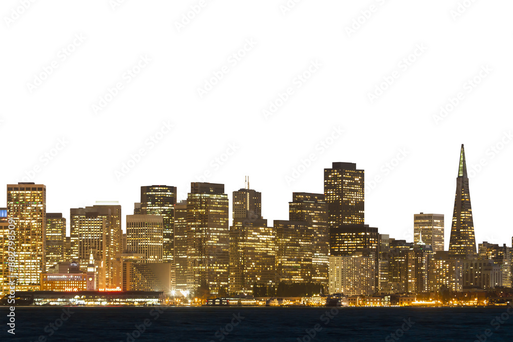 San Francisco skyline illuminated at night with prominent buildings cut ...