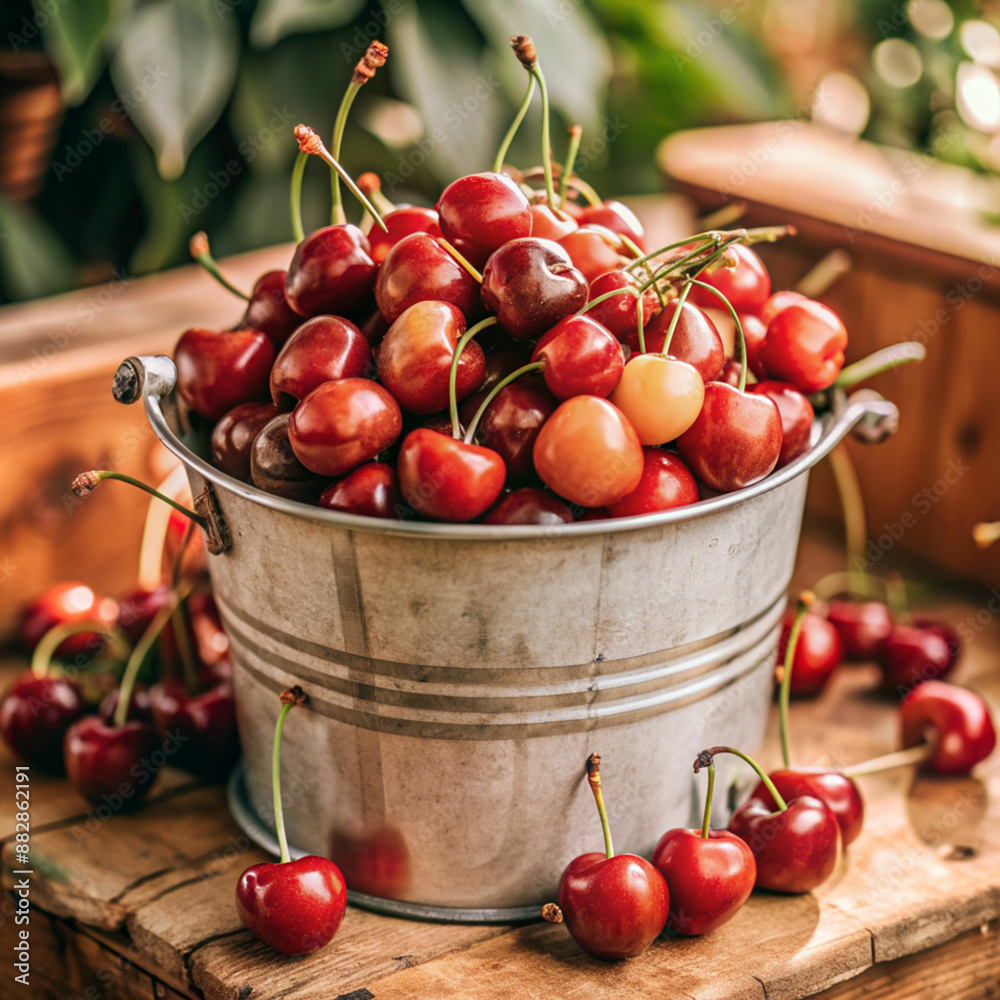 Picking cherries in the orchard . Boxes of freshly picked lapins ...