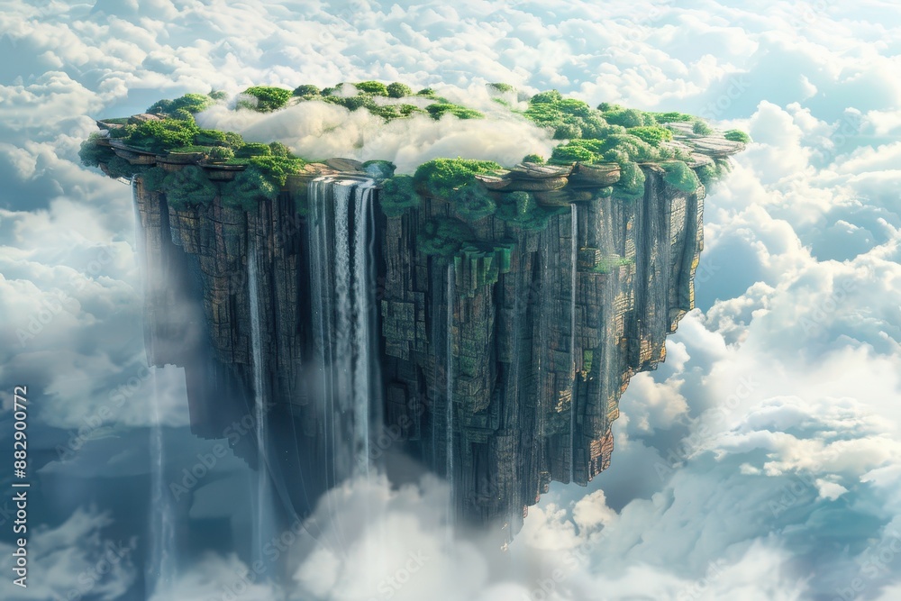 Breathtaking floating island paradise with waterfalls and lush greenery Stock Illustration ...