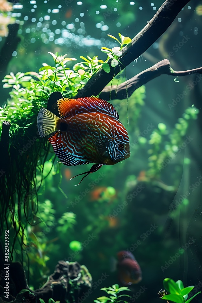 Colorful Discus Fish Swimming Gracefully in a Planted Aquarium Stock ...