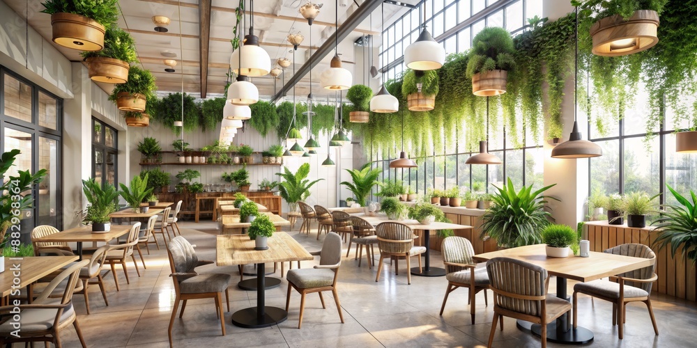 Airy, plant-adorned hanging garden cafe with natural light の Stock フォト ...