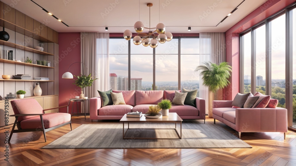 Sparse modern pink living room with a sleek couch, minimalist decor ...