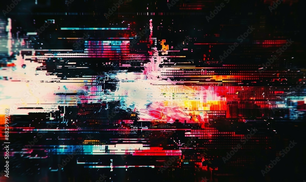 Horizontal distortion of broken video image on black background, VHS ...