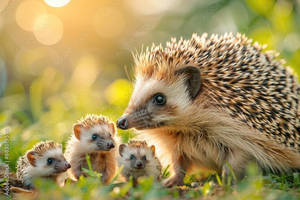 Hedgehog with small hedgehogs on green grass. Little hedgehogs in ...