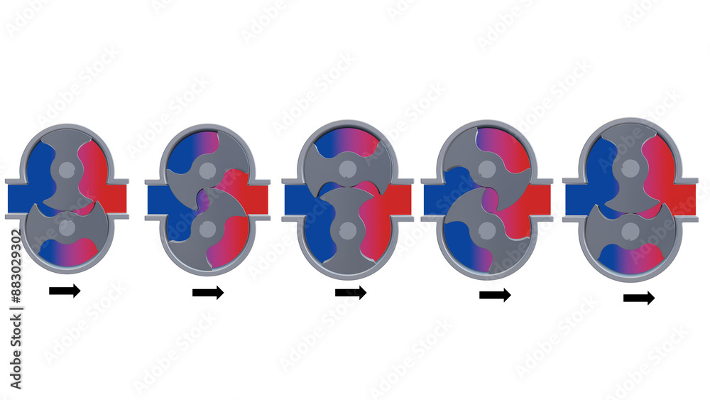 Butterfly rotor step by step rotation; lobe pump system; suction (blue ...