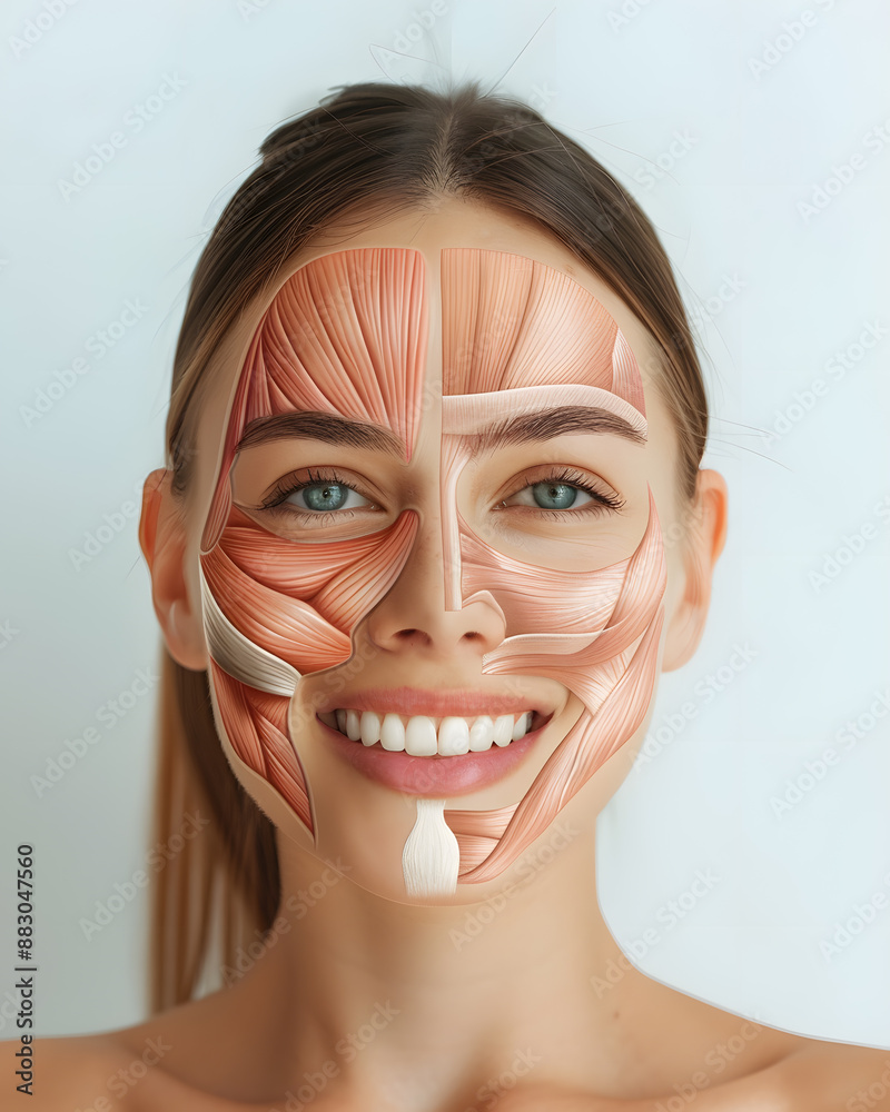 Frontal view of a young woman smiling, half of his face showing ...