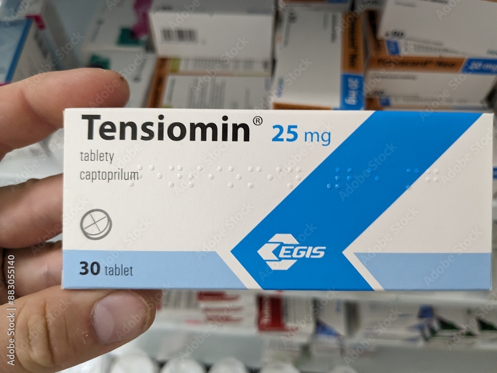 Prague, Czech Republic - July 9 2024: TENSIOMIN box of medication with ...
