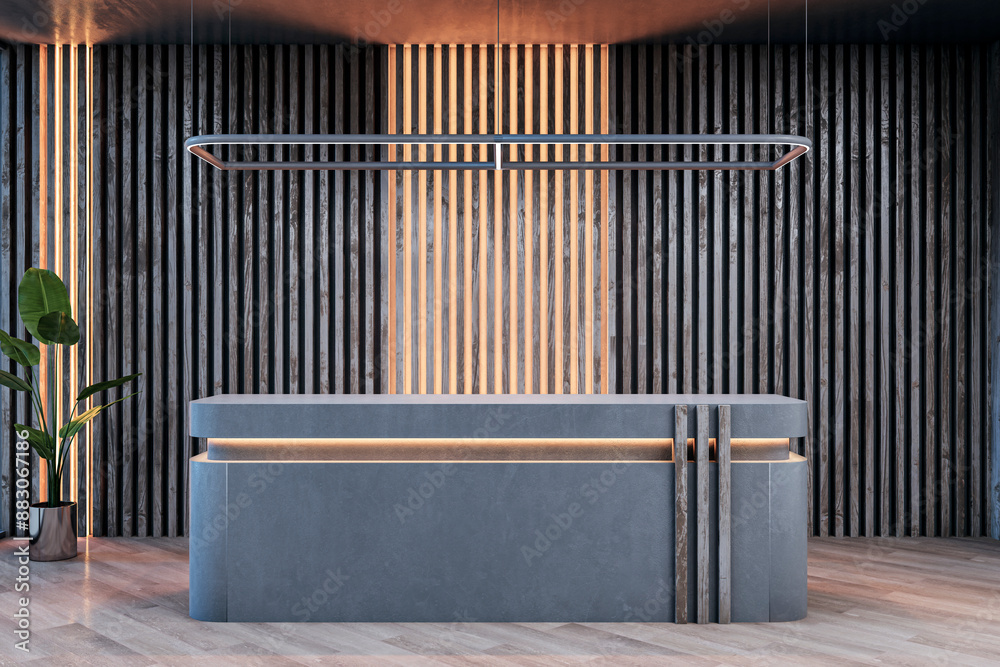 A modern reception desk in a luxury office lobby with wooden slat ...