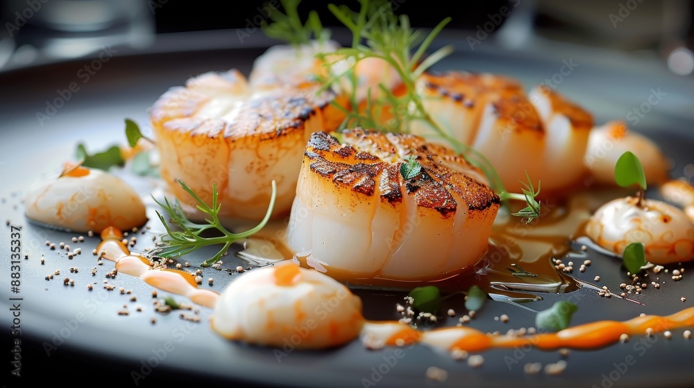 Seared Scallops with Herbs and Sauce on a Black Plate, Scallops, Fine ...
