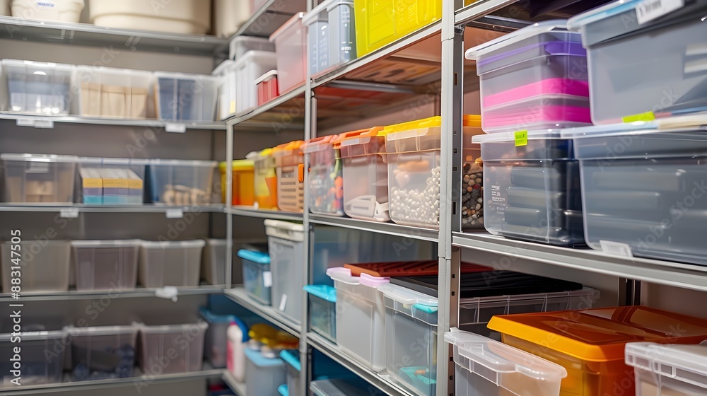 Foto de Stock Well-Organized Storage Room with Labeled Containers and ...
