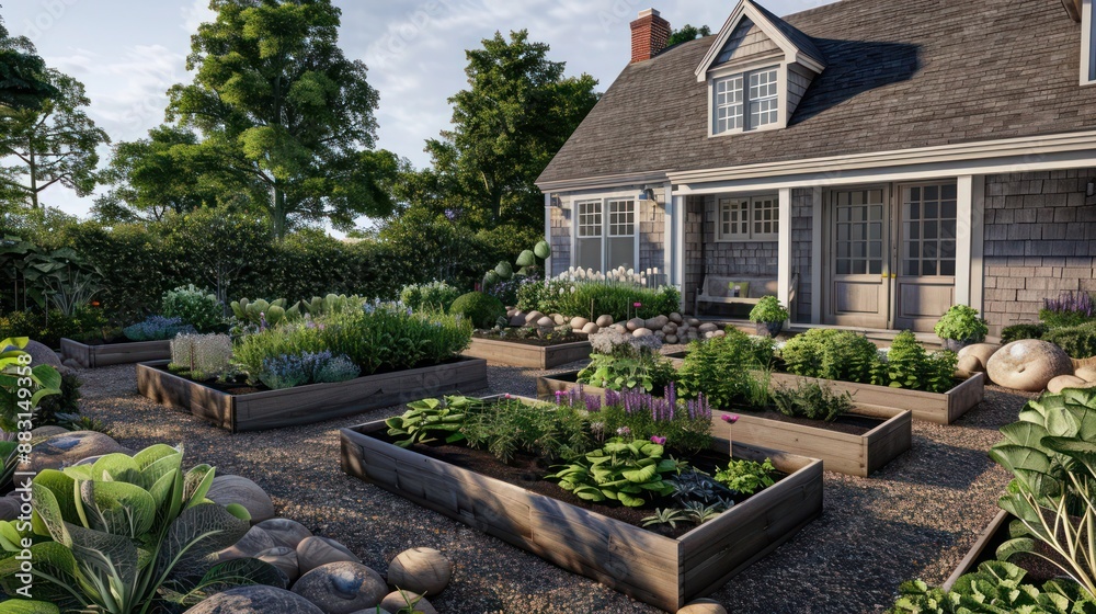 Suburban Cape Cod home with a series of beautifully framed garden plots ...