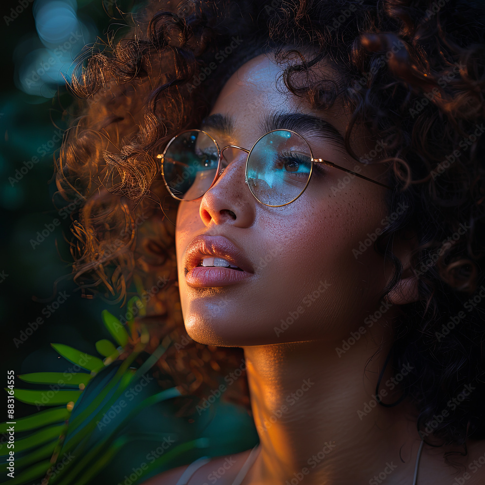 Beautiful Gen Z Woman With Afro Hair Wearing Glasses And Looking Up At ...