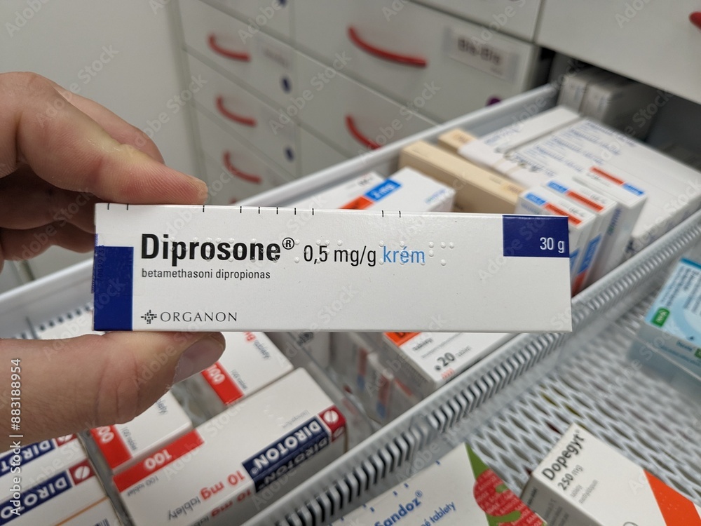 Prague, Czech Republic - July 10 2024: DIPROSONE box of medication with ...