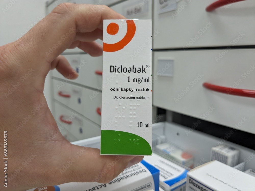 Prague, Czech Republic - July 10 2024: DICLOBAK EYE DROPS box of medication with DICLOFENAC ...