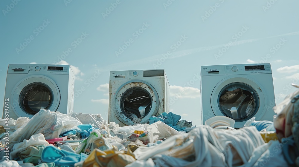 Three washing machines standing amidst a large pile of discarded ...