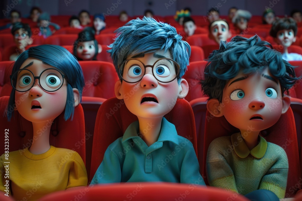 Three animated children watch a movie with wide eyes and surprised ...