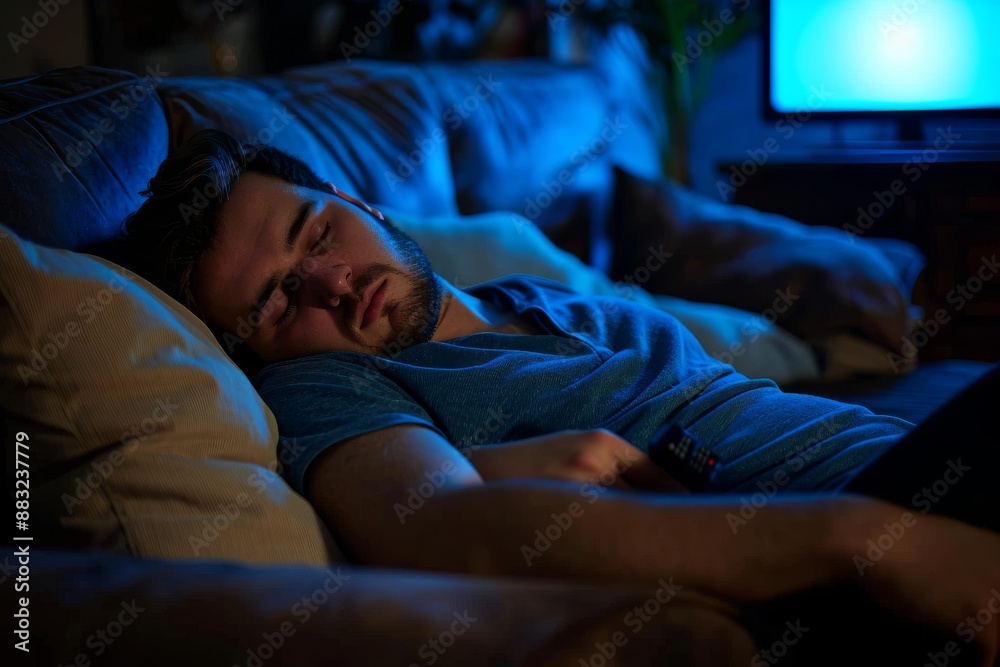 Man Sleeping with Tv Turned On Portrait of young man falling asleep on ...