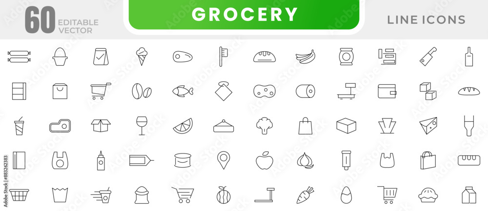 Grocery line Icon set. Supermarket, Bakery, Milk, Vegetable, Fruit ...
