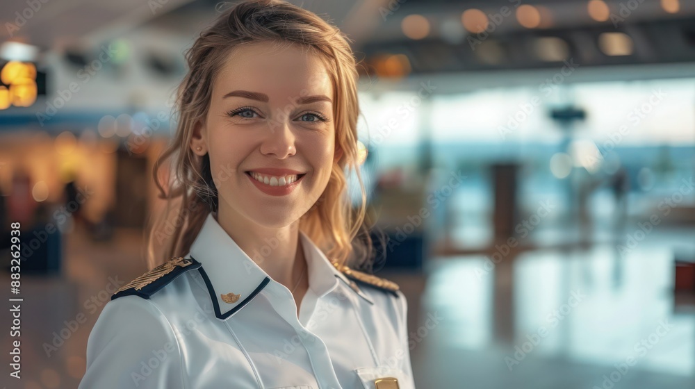 Beautiful and attractive Caucasian flight attendant staff smiling and ...