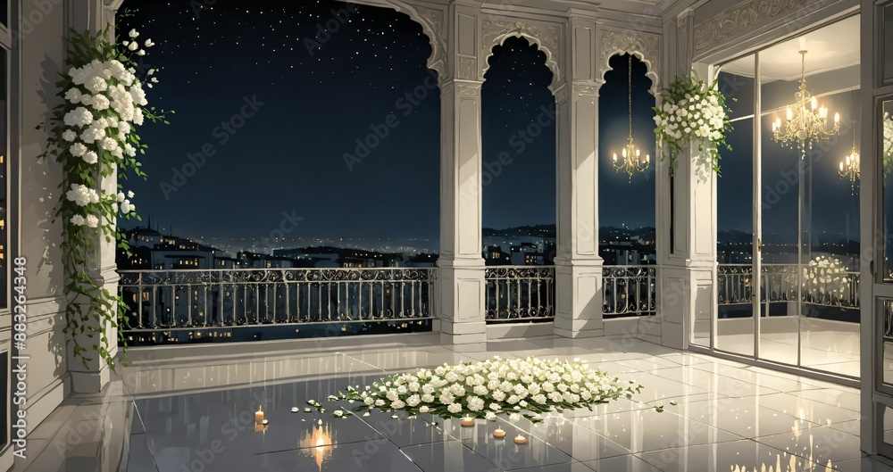 white patio terrace of palace mansion interior at night. art deco ...
