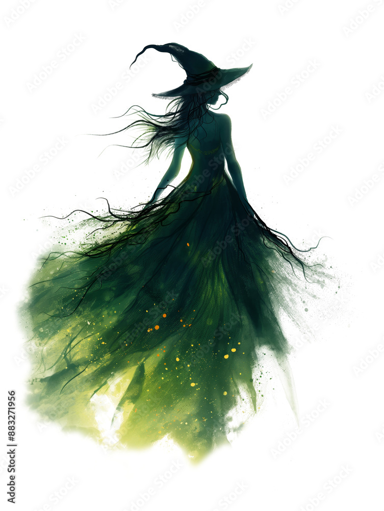 full body silhouette green shadow of elegance pretty witch standing ...