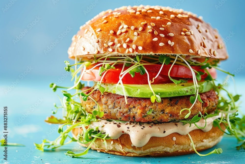 Veggie Delight Smash Burger made of crispy smashed veggie patty with avocado slices, tomato ...