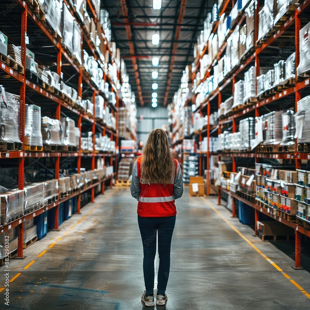 Warehouse manager examining storage racks filled with merchandise ...
