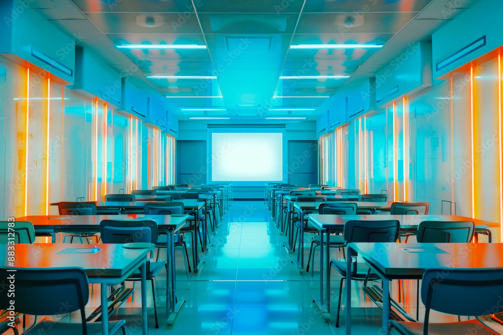 Modern classroom featuring a futuristic design with neon lighting ...