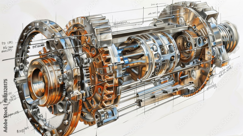 Technical Cross Section of Gearbox Showing Internal Gears and ...