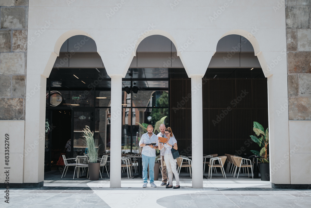 Three friends standing outside a modern cafe with arched architecture ...