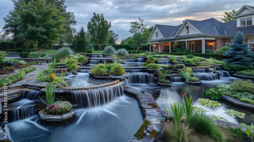 Suburban Colonial home with an expansive, multi-level water garden ...