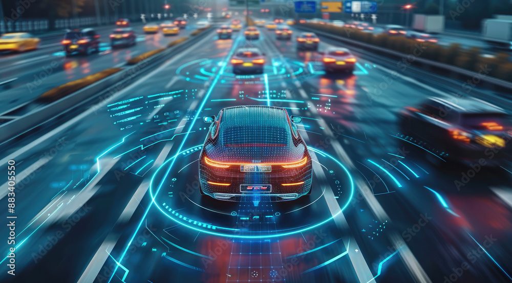 A high-tech illustration of the driving on highway, with blue ...