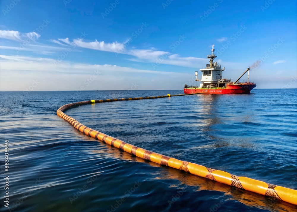 Offshore vessel deploys floating barrier boom to contain oil slick ...