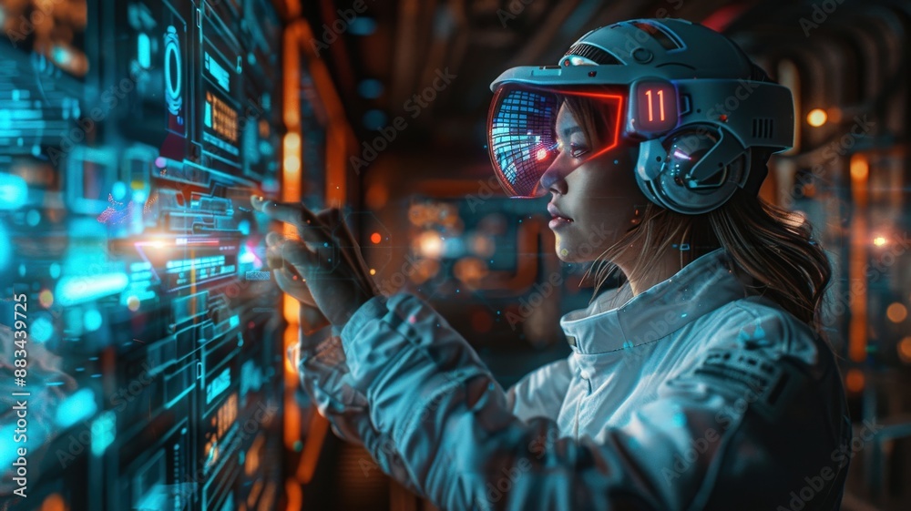 Futuristic Technology Concept: Woman in High-Tech Suit with Augmented ...