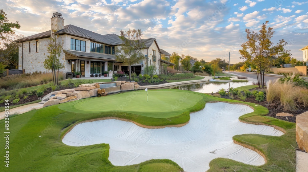 Elegant ranch with a custom-designed par-3 golf hole in the backyard ...