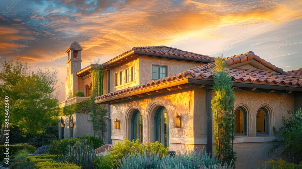 The lush exterior of a suburban Mediterranean home during golden hour, highlighting the texture ...
