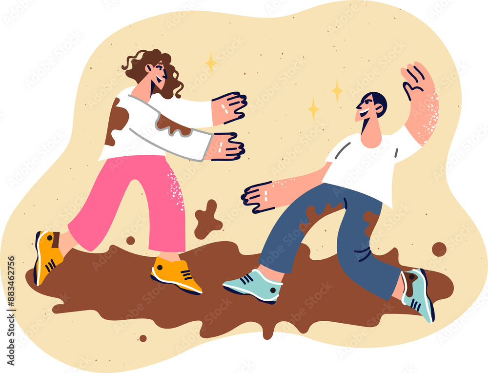 Cheerful man and woman fight in mud, enjoying opportunity to have fun ...