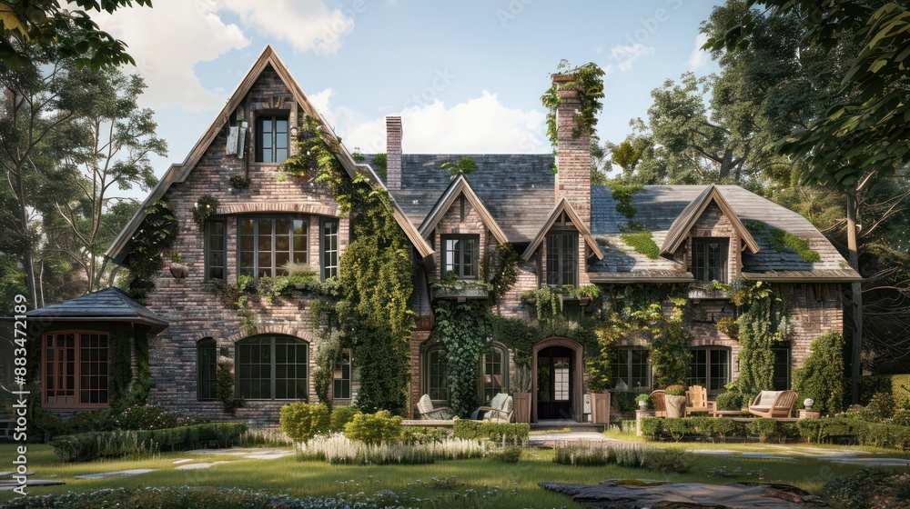 suburban farmhouse with a rustic brick exterior and climbing ivy ...