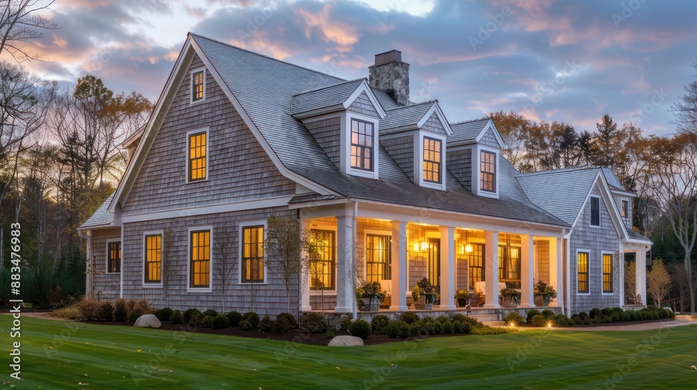 suburban farmhouse with a Cape Cod style, featuring shingle siding ...