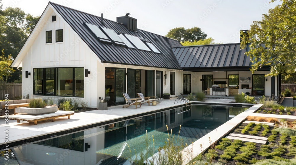 modern farmhouse with black and white exterior, featuring a series of ...